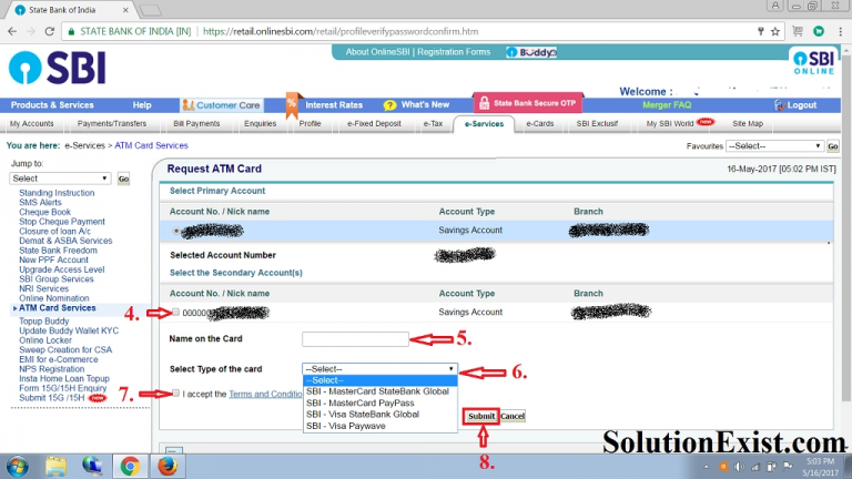 Apply New SBI ATM/Debit Card Online Through Internet Banking